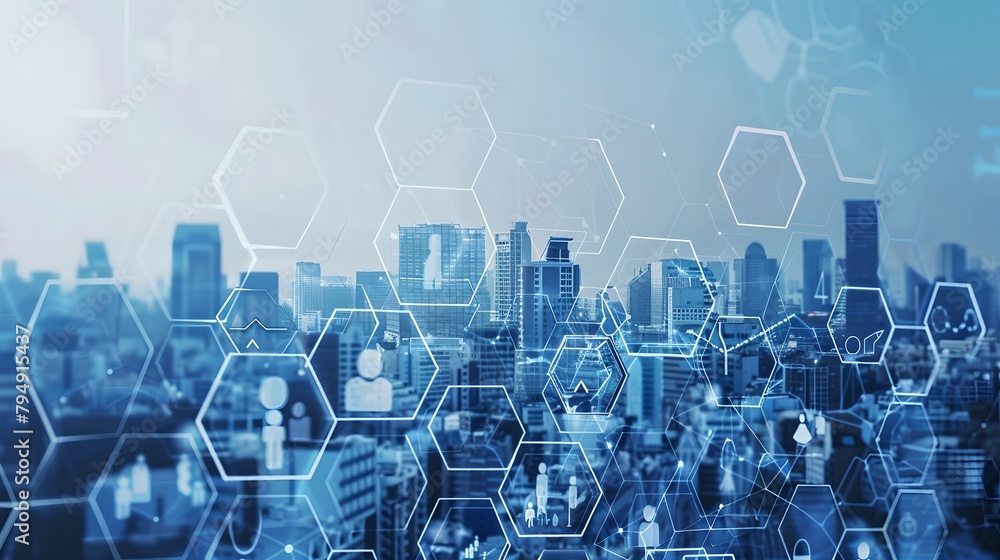 Futuristic city skyline overlaid with digital hexagonal shapes ...