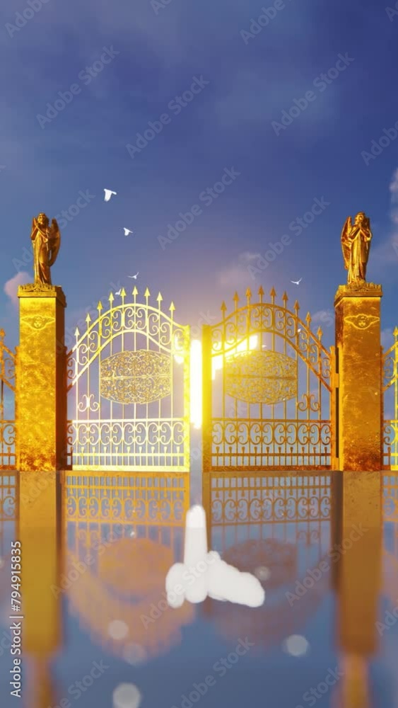 Golden gates of heaven opening revealing glowing angel and flying white ...