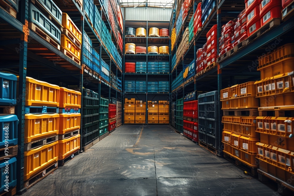 Tall storage racks tower overhead, filled with bins and containers of ...