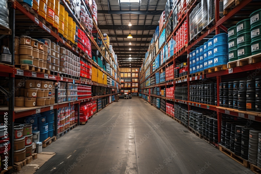 Tall storage racks tower overhead, filled with bins and containers of ...