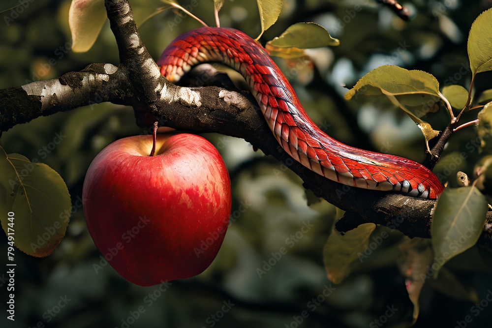 Snake in a apple tree next to a red apple representing original sin ...