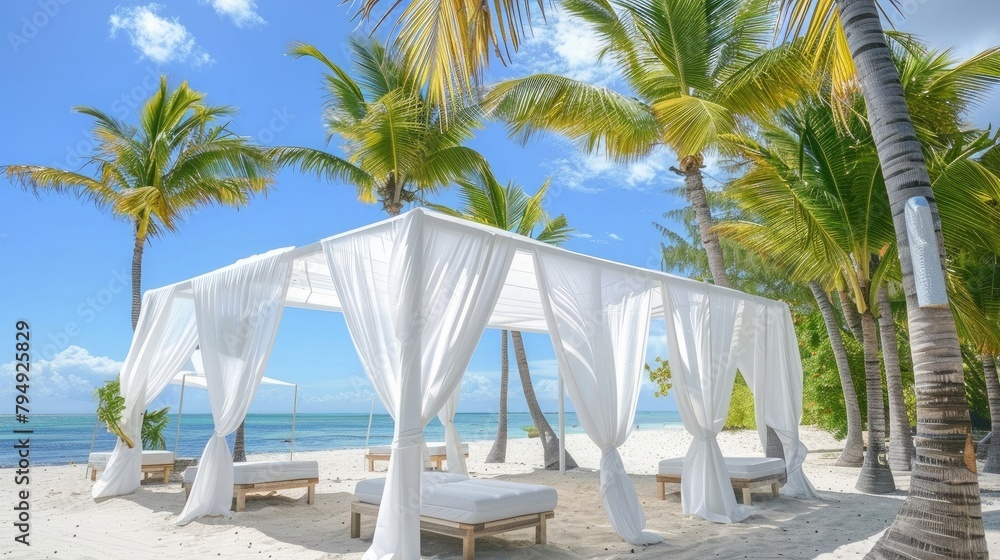Relax on luxury VIP beach. White pavilion canopy sunny blue sky. Luxury ...