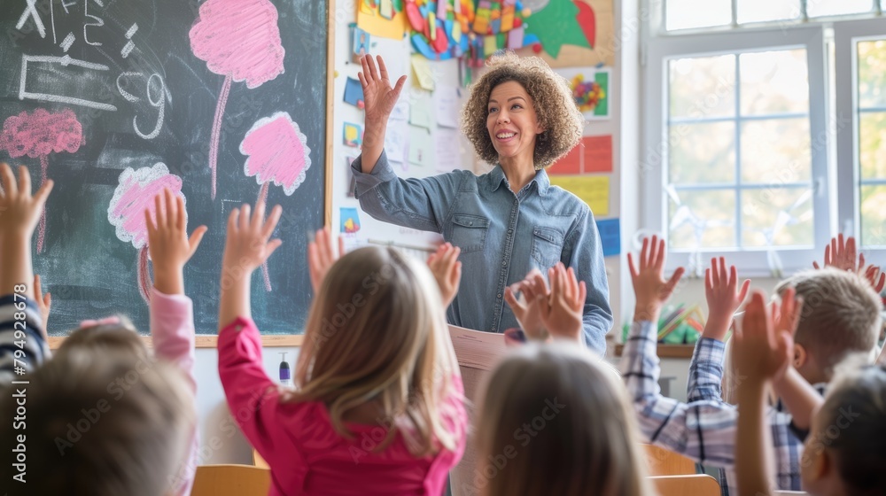 A joyful crowd of children in a classroom eagerly raise their hands ...