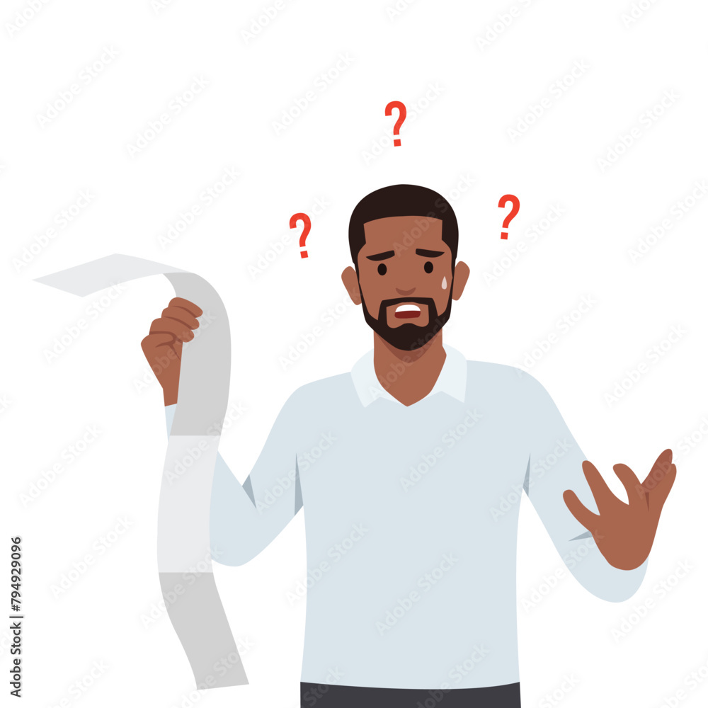 Financial theme with weary and shocked man holding and perusing the ...