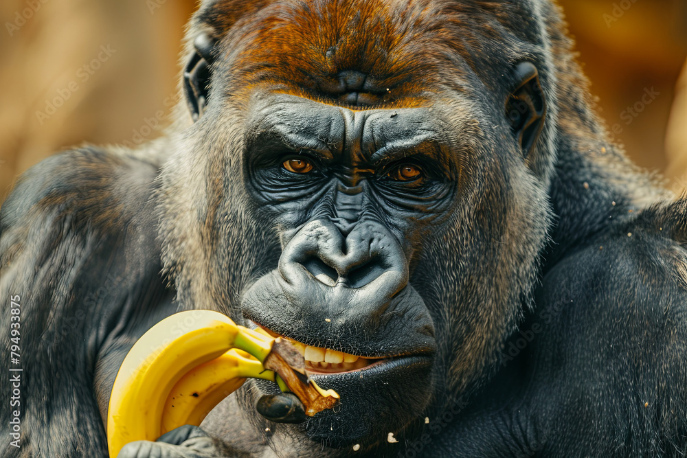 Big hungry gorilla eating a healthy snack of bananas for breakfast ...