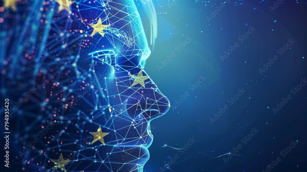Digital face with EU stars network lines - A digital human face ...