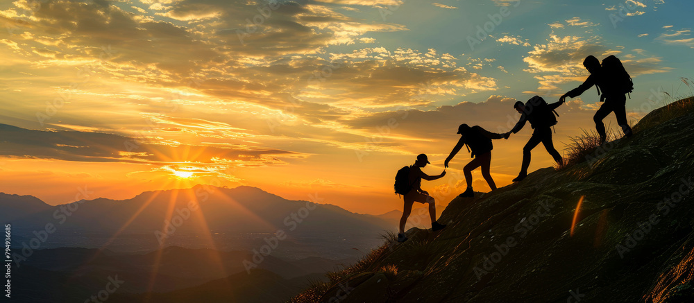Silhouetted group of hikers helping each other climb a mountain at ...