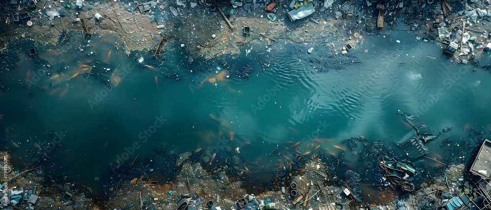 River polluted with garbage dead fish and murky water environmental ...