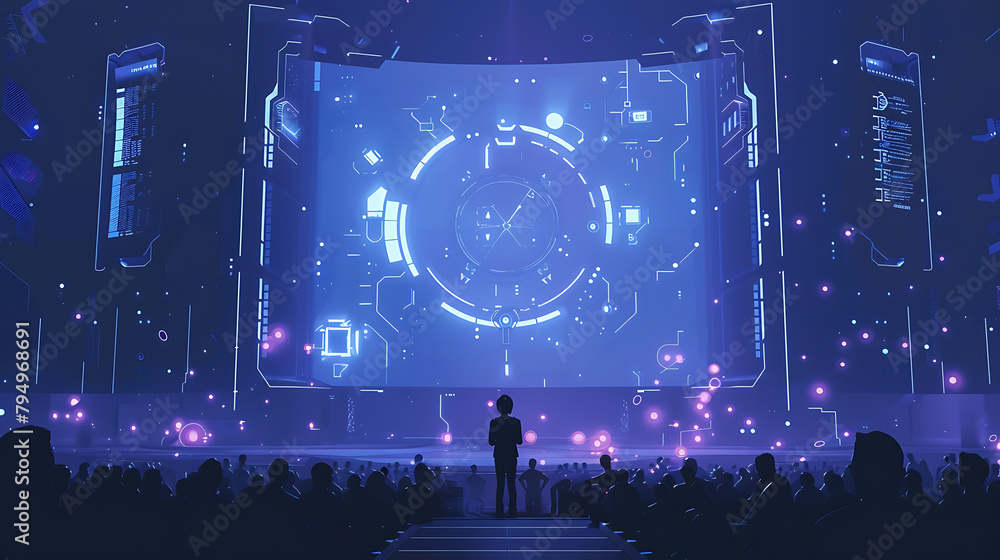 Corporate leader giving an inspiring speech at a conference, audience ...