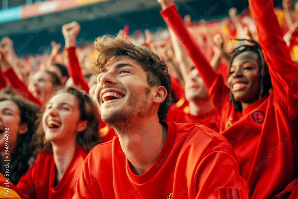 Belgian football soccer fans in a stadium supporting the national team ...