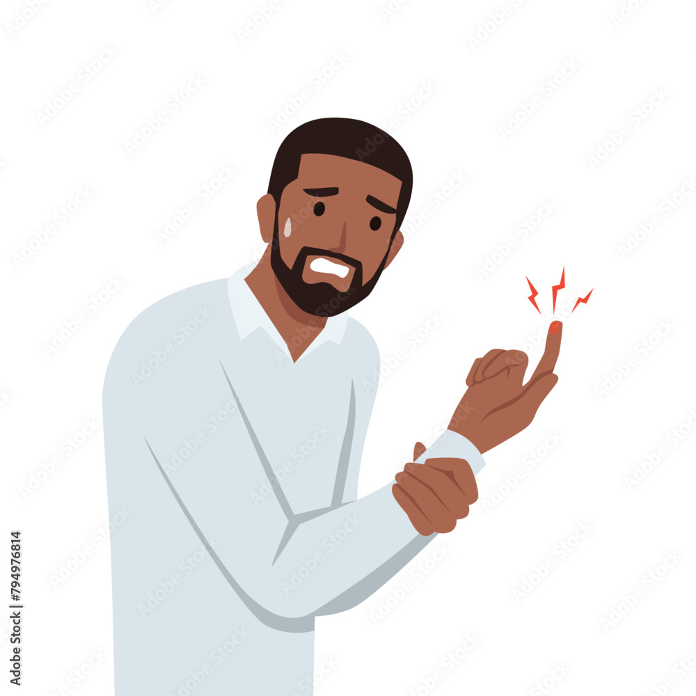 Young black man Sore finger or pain. Flat vector illustration isolated ...