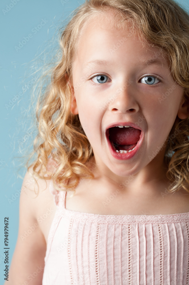 Studio, child or girl in portrait with surprise, expression and ...