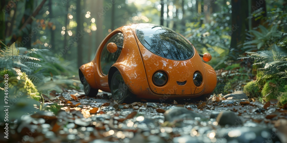 Cute self-driving car modeled after a smiling ladybug gliding along a ...