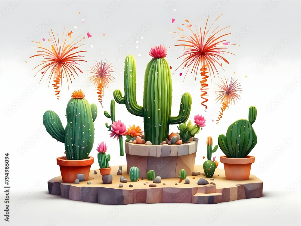 3D Cartoon Chibi Style: Cacti Carnival Night - Cartoon cacti enjoy a ...