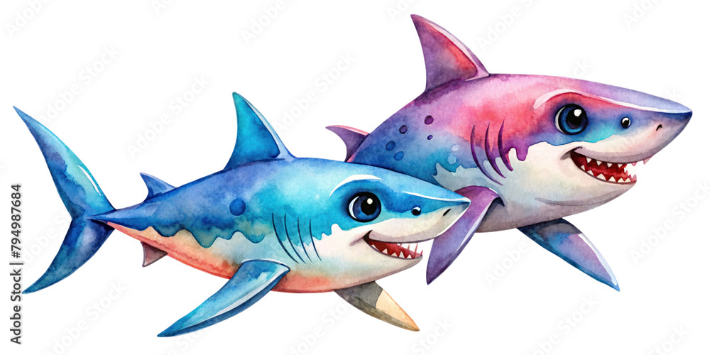Cartoon blue sharks watercolor illustration on transparent background ...