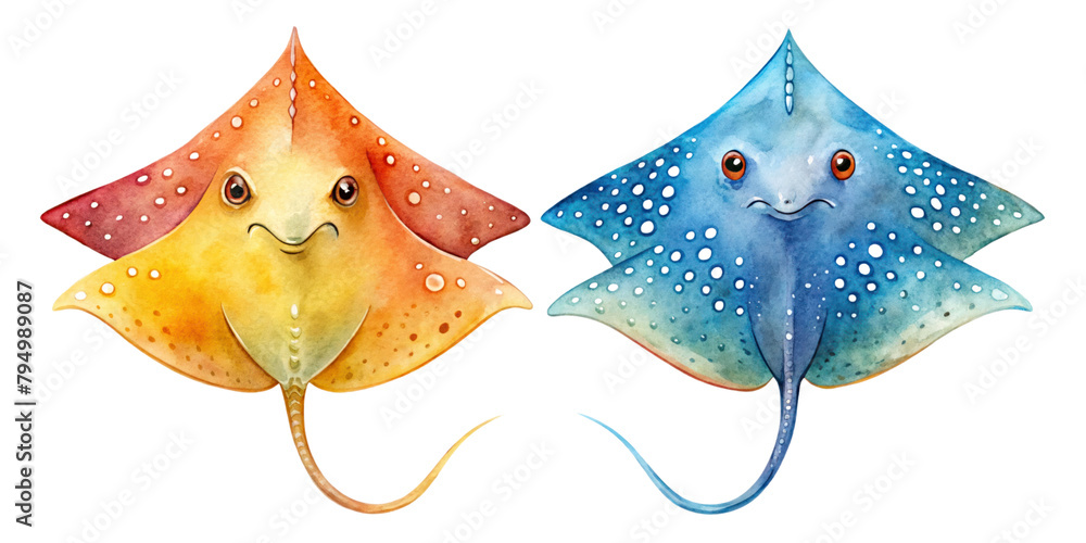 cute Stingray watercolor, Set of sea animals colorful ocean Stingray ...