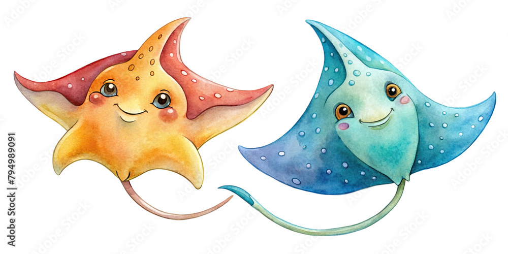 cute Stingray watercolor, Set of sea animals colorful ocean Stingray ...