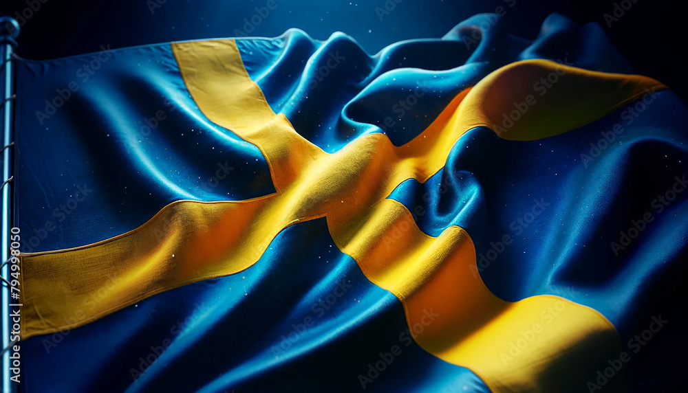 Sweden flag with big folds waving close up under the studio light ...