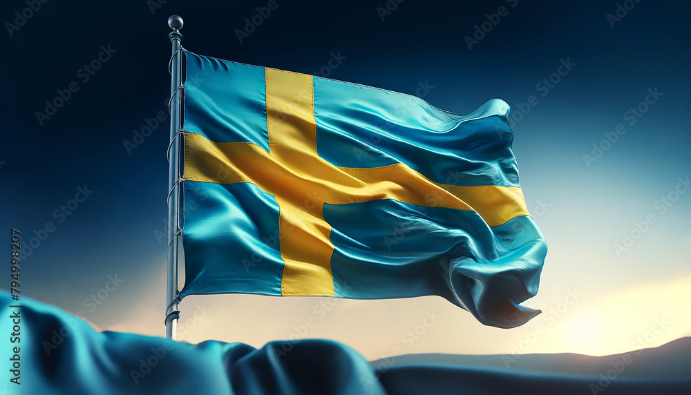 Sweden flag with big folds waving close up under the studio light ...
