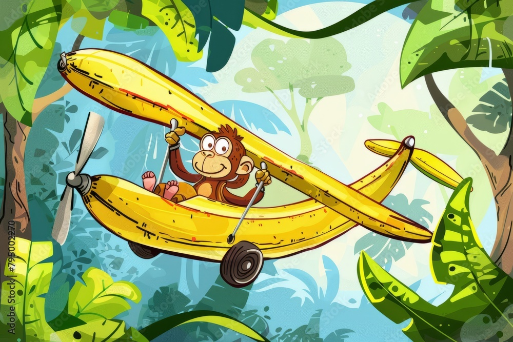 Cartoon cute doodles of a adventurous pilot monkey swinging through the ...