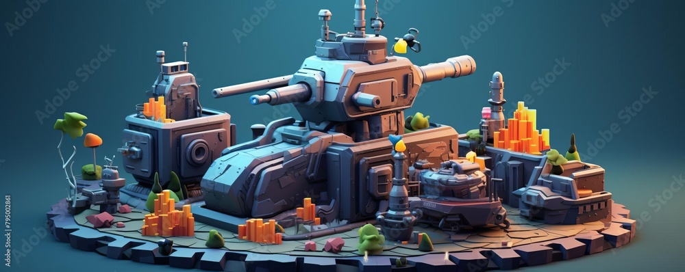 Vibrant 3D cartoonstyle war mockup with exaggerated armaments and ...