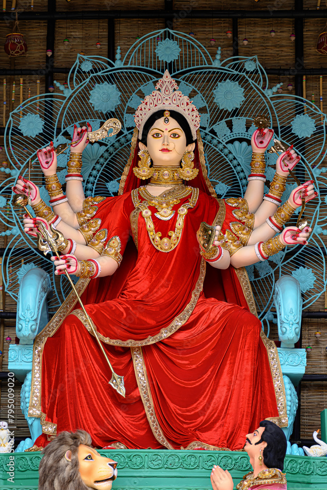 Idol of Goddess Devi Durga at a decorated puja pandal in Kolkata, West ...