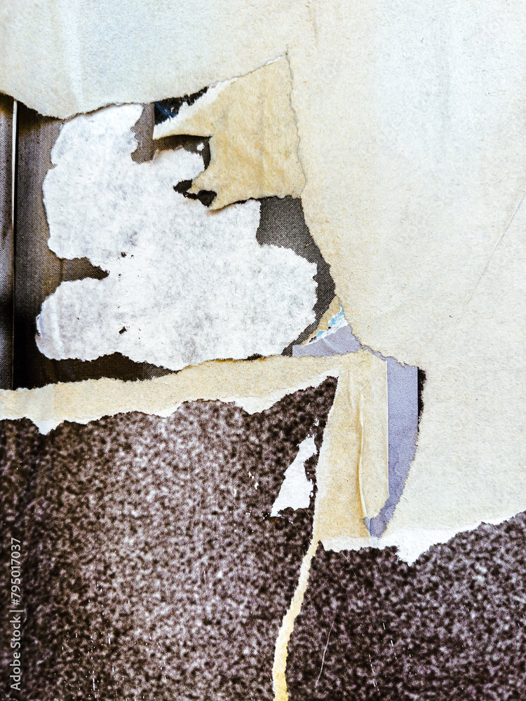 Old grunge ripped, torn vintage posters creased crumpled paper surface ...