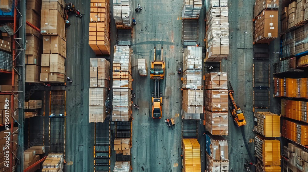 Dynamic aerial view of a busy warehouse filled with workers, forklifts ...