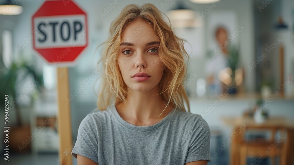 Portrait of serious woman with red stop sign with serious facial ...