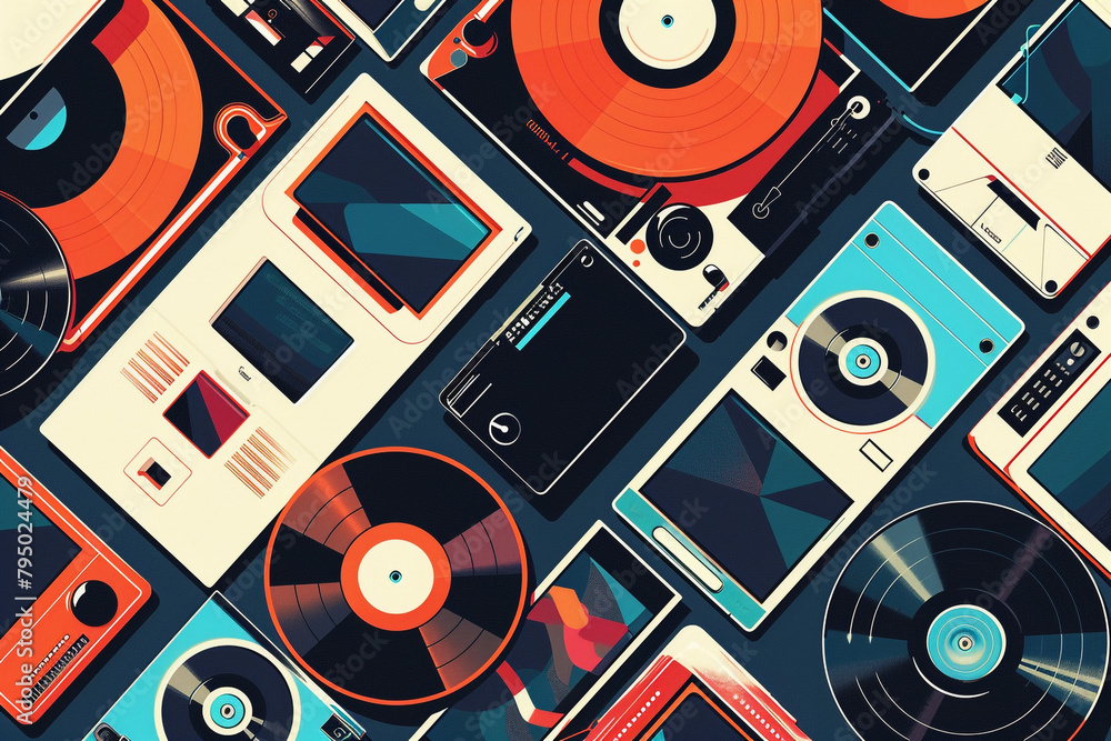 Digital vector collage of nostalgic technology, including vinyl records ...