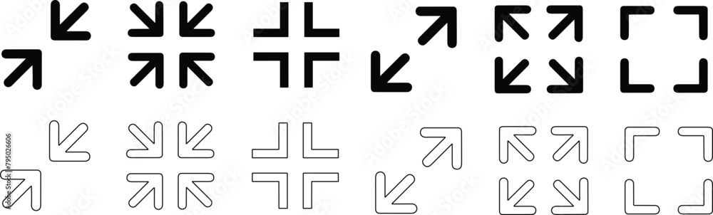 Maximize and minimize screen buttons icon set. Full screen enter and ...
