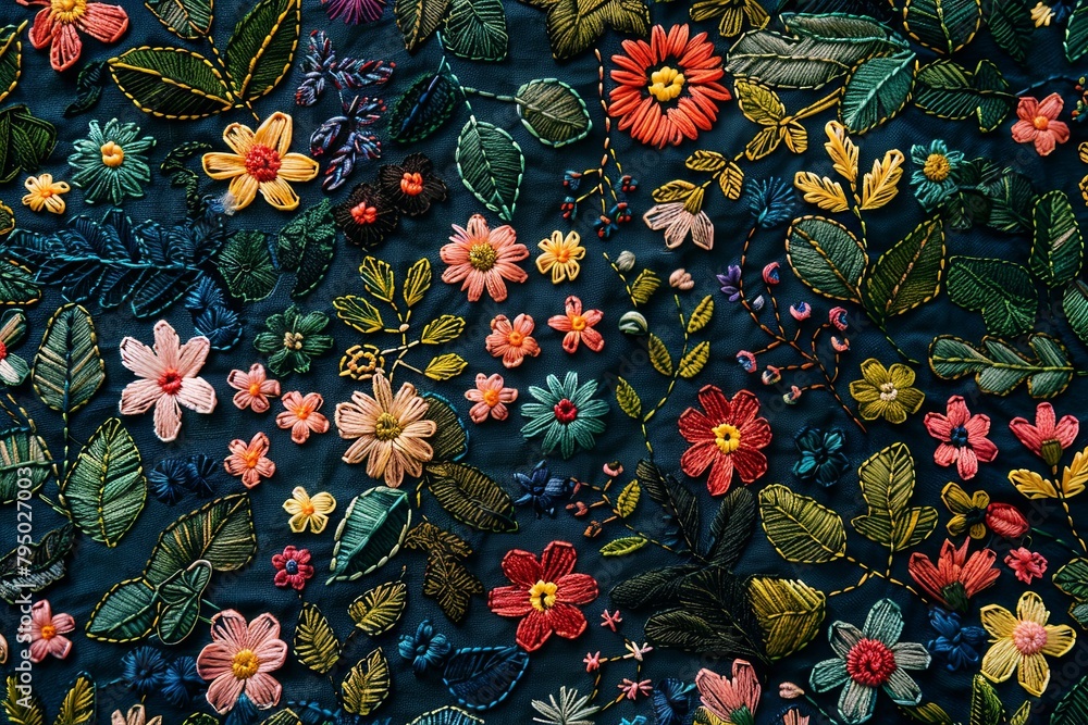 Detailed floral embroidery on dark blue background Stock Illustration ...