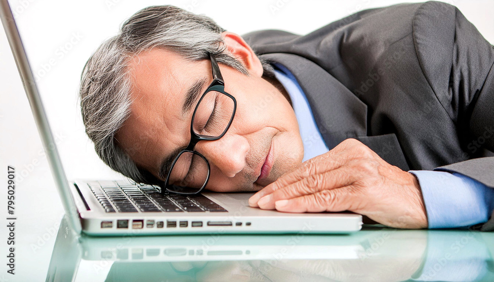 Extreme close-up of an overworked office worker wearing glasses asleep ...