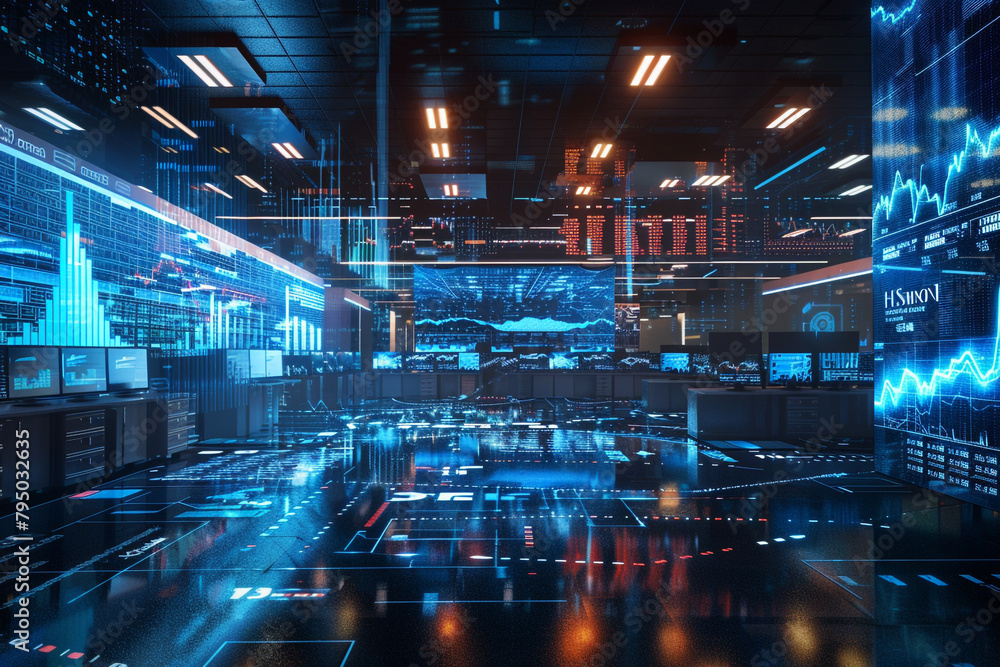 Dynamic trading floor visualization on a digital background, showing ...
