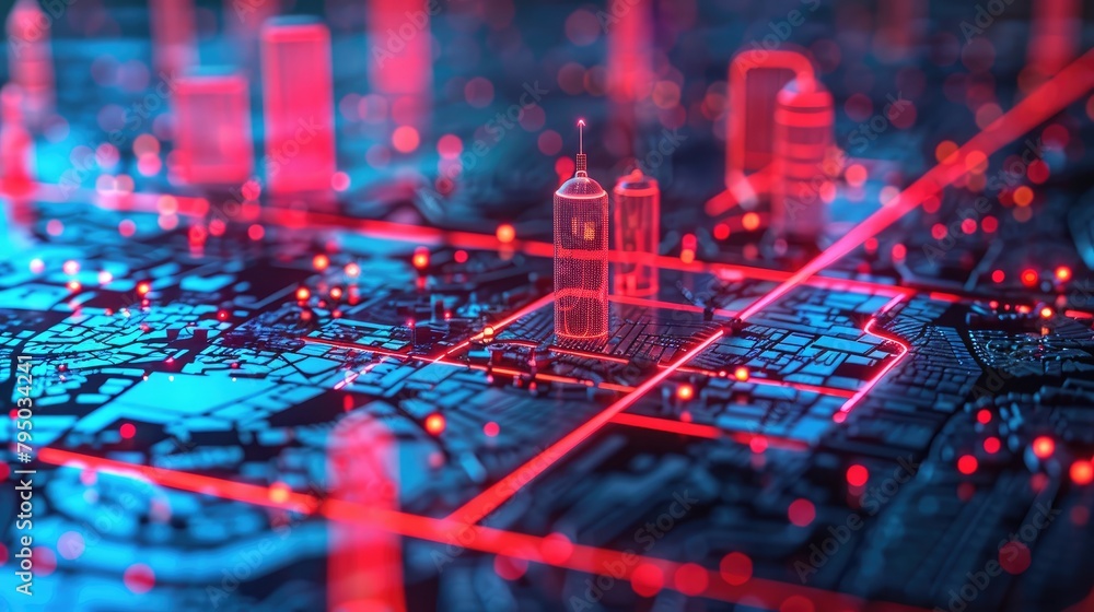 Futuristic navigation map with 3D buildings and route overlays Stock ...