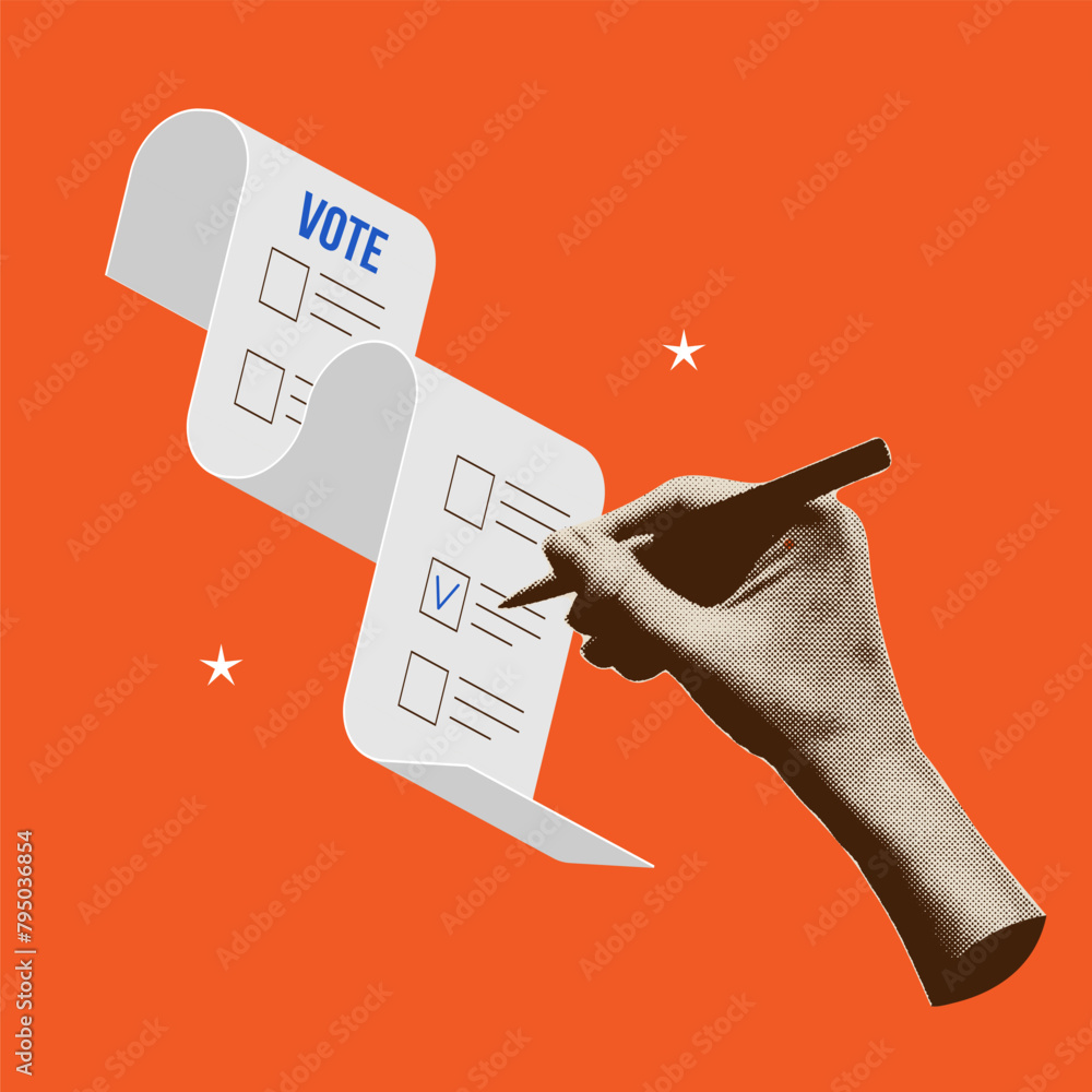 Trendy vintage Collage for 2024 election. Vector banner with halftone ...