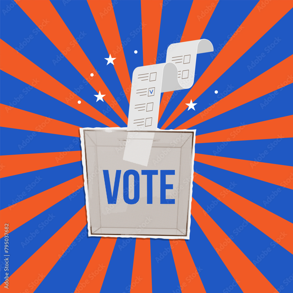 Election promo collage. Pop art banner with ballot in voting box and ...