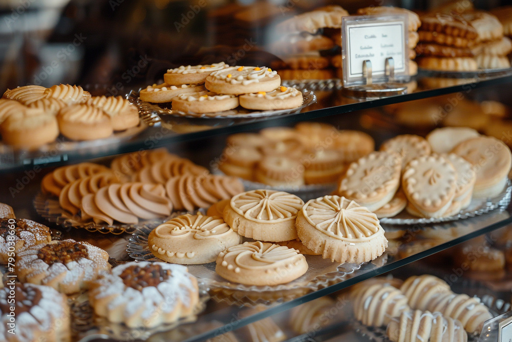 Elegant display of gourmet biscuits and shortbread in a chic bakery ...