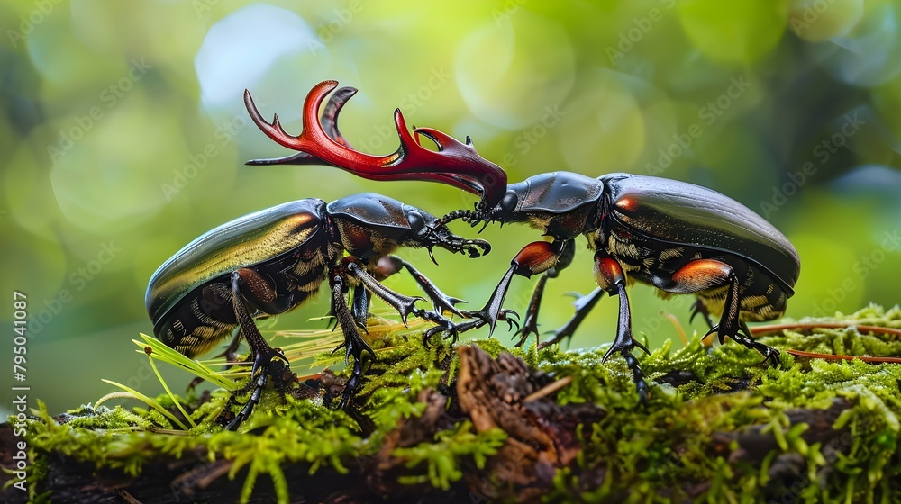 Pair of stag beetles, lucanus cervus, standing on a mossy branch in ...