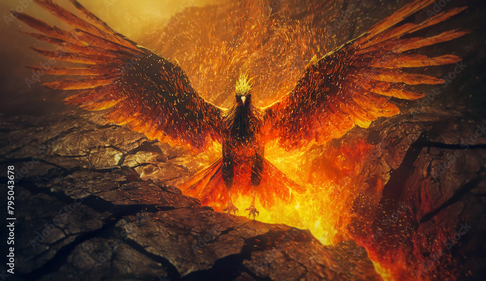 Dark phoenix bird rising out of volcano lava burst and ashes through ...