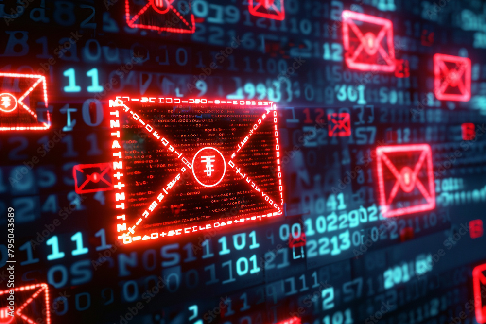 Email inbox filled with spam messages, each marked with a warning icon for potential threats ...