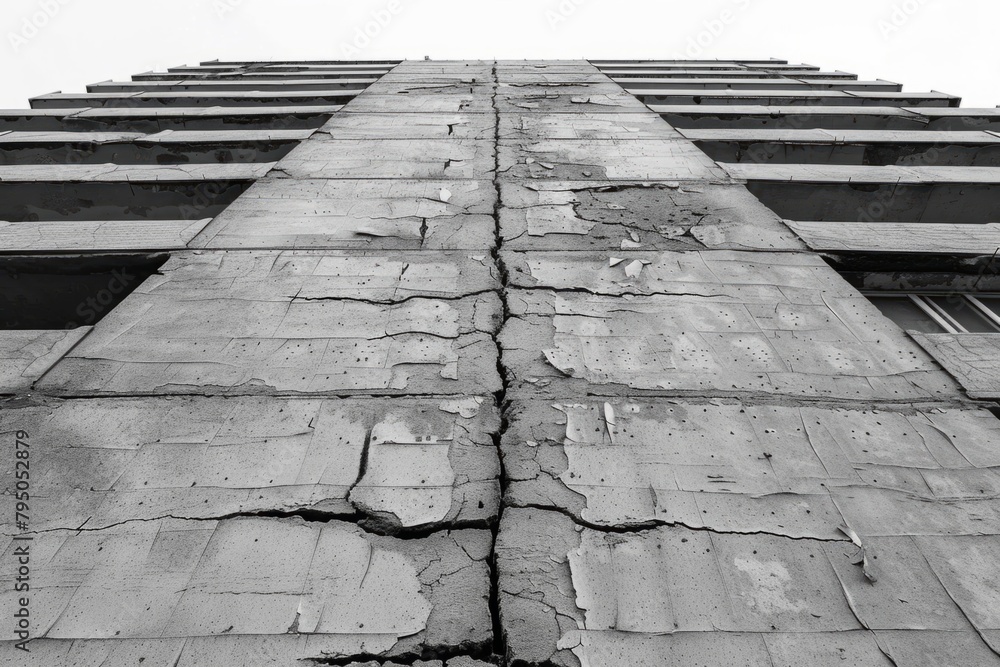 A crack in the wall of a multi-story building due to soil subsidence or ...