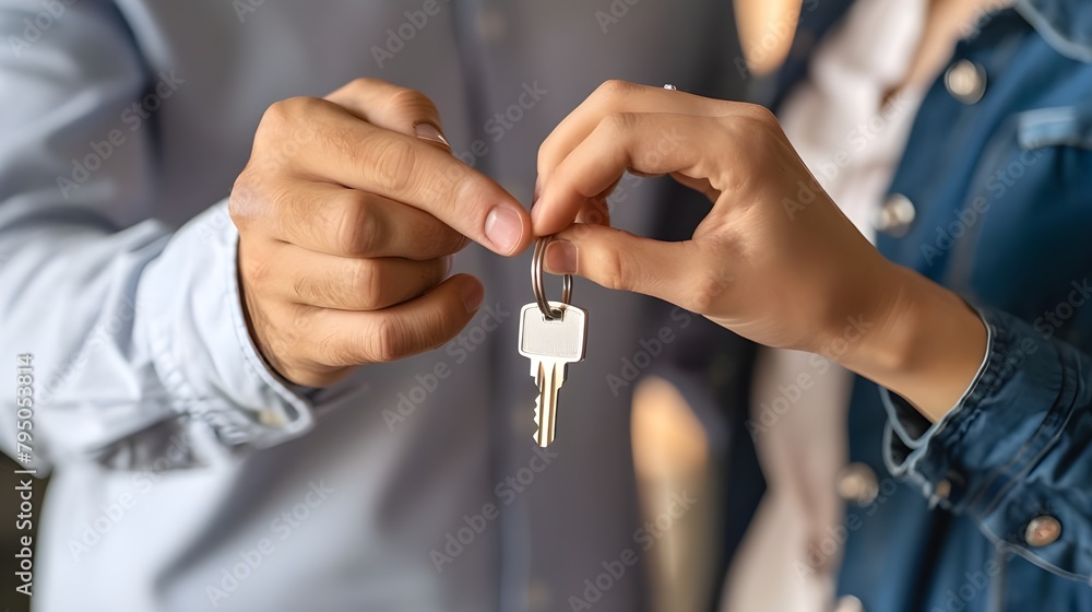 person holding keys hand hand over key on blurry background ...