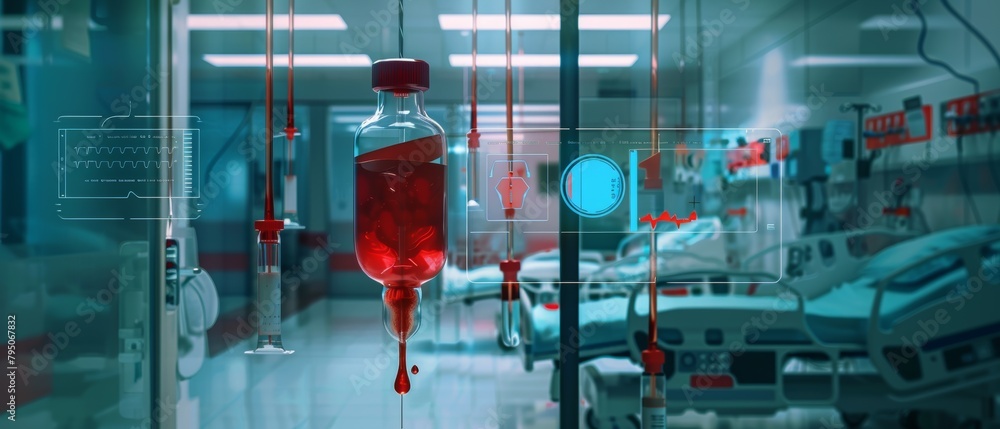 Hospital room with focus on a red blood bag in a modern medical setup ...