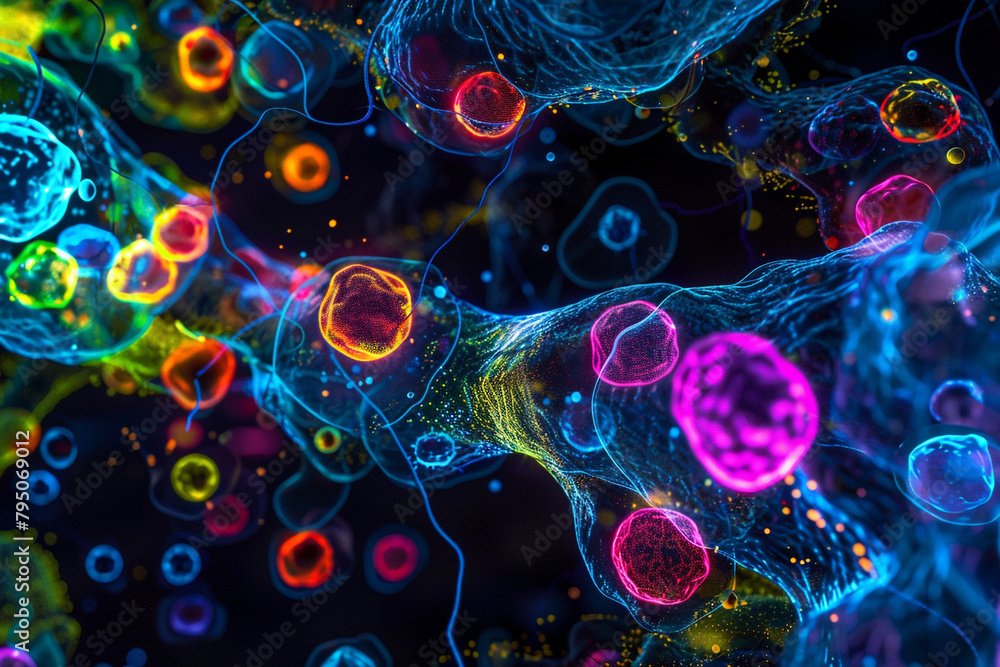 fluorescent markers illuminating pathways in a cellular process, key to ...