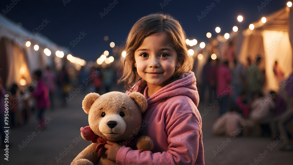 Portrait of cute little girl holding teddy bear in refugee camp at ...