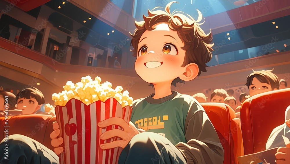 A cute little boy with curly hair, smiling and watching the movie in ...