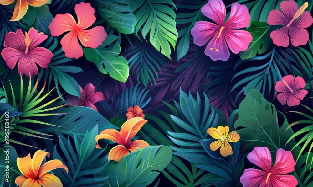 Tropical plants and flowers background vector illustration Stock ...