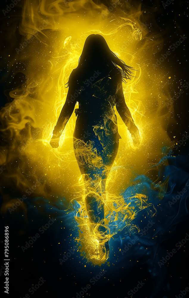 Silhouette human body stand against spherical lights, spiritual Fantasy ...