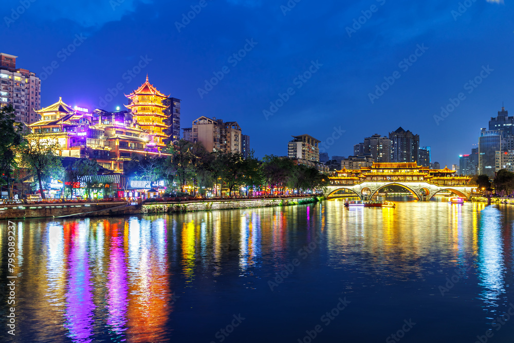 Chengdu Anshun Bridge over Jin River with Pagoda at night in Chengdu ...